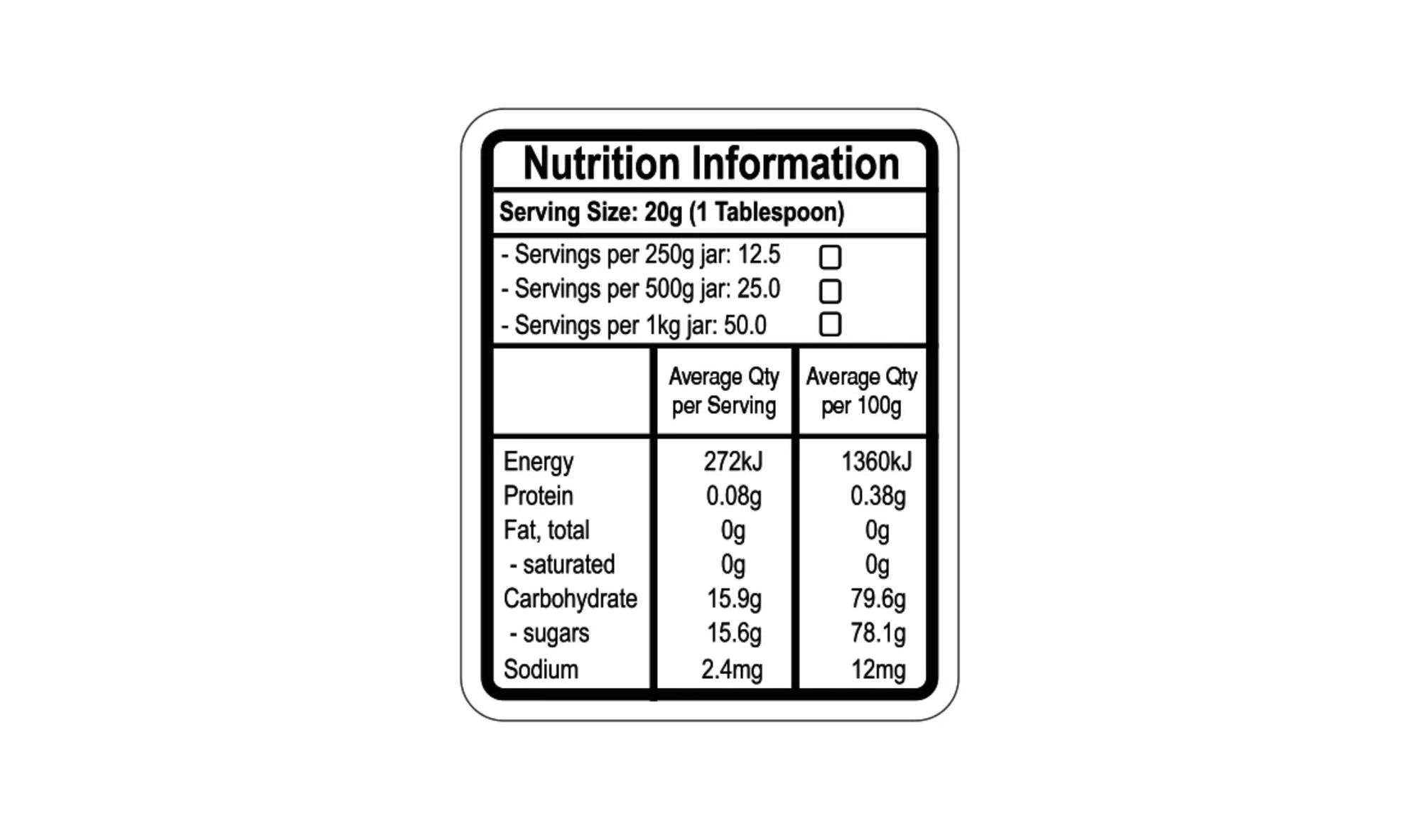 Honey Nutritional Facts Labels 1000pc Ecrotek
